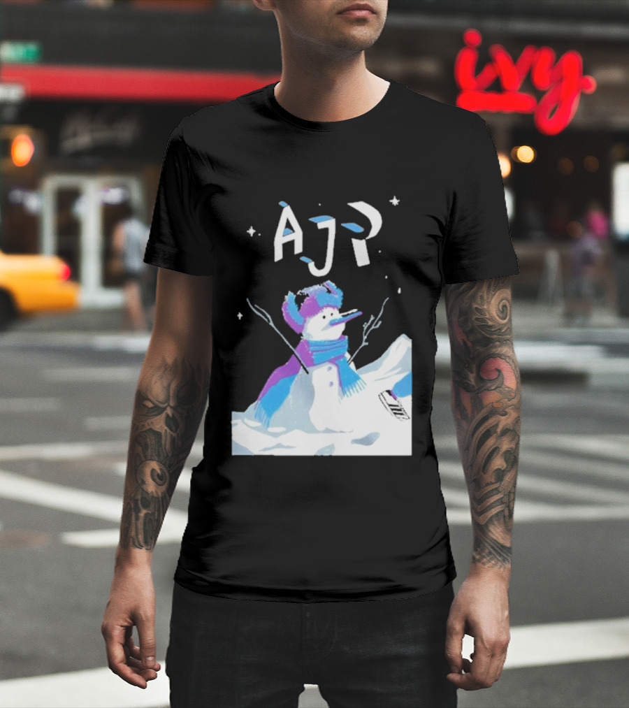 AJR Snowman With Scarf And Hat In Winter Scene T-Shirt