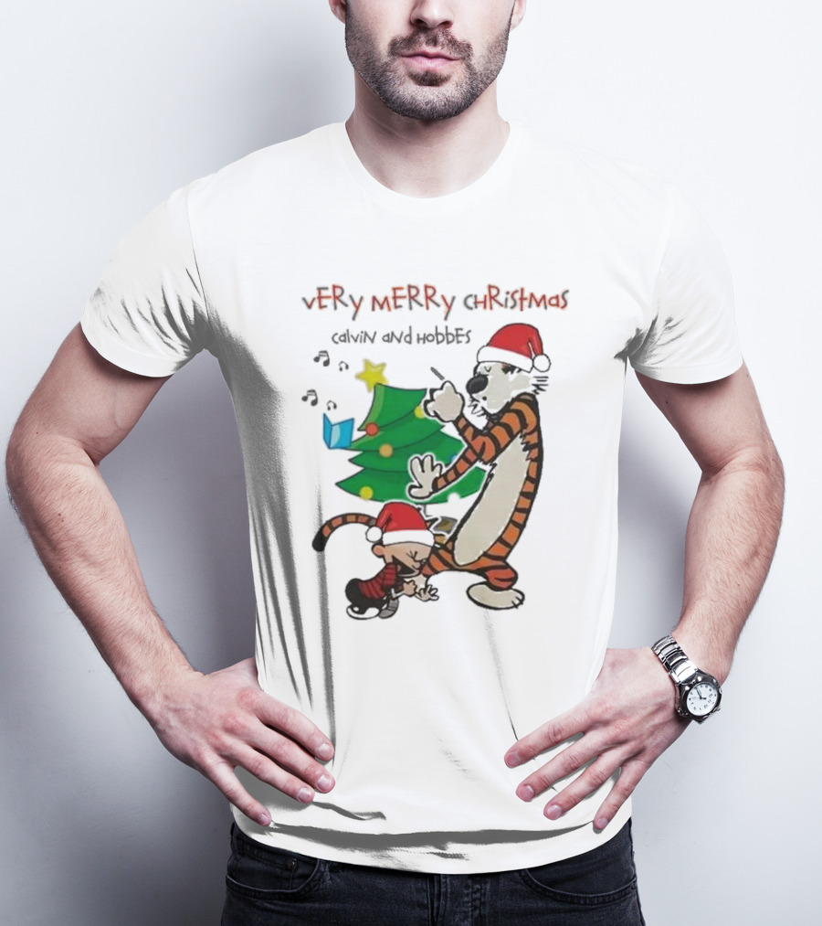VErY MERRY ChrIStmAS Calvin And Hobbes Santa Hats Christmas Tree Dance T-Shirt
