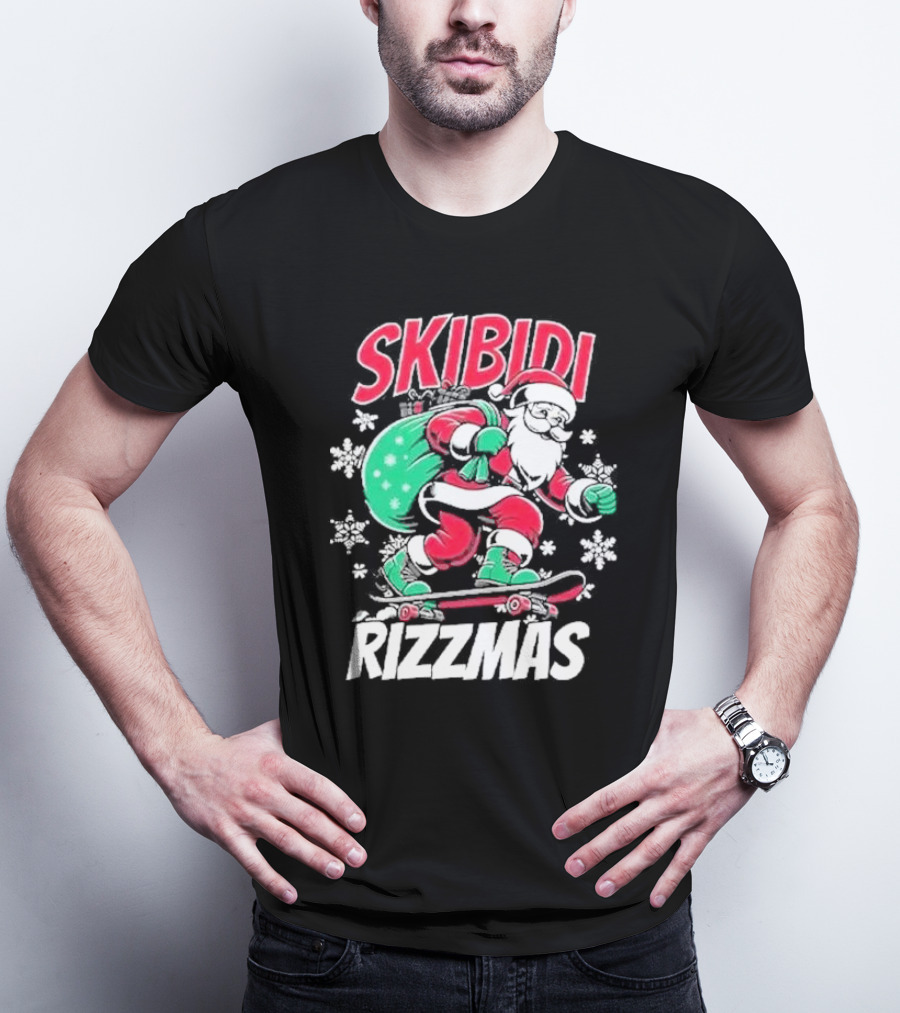 Skibidi Rizzmas Santa Claus Skateboarding Christmas T-Shirt