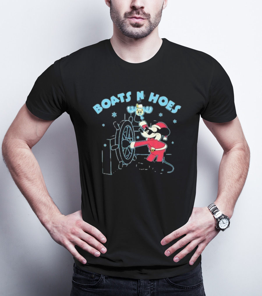 Boats N Hoes Christmas Mickey Mouse Steering Wheel Santa Suit Snowflakes T-Shirt