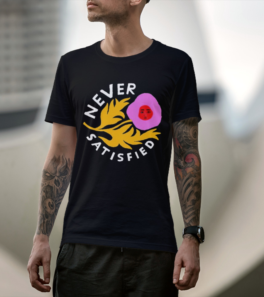 Never Satisfied Pink Mask Face With Yellow Leaves T-Shirt