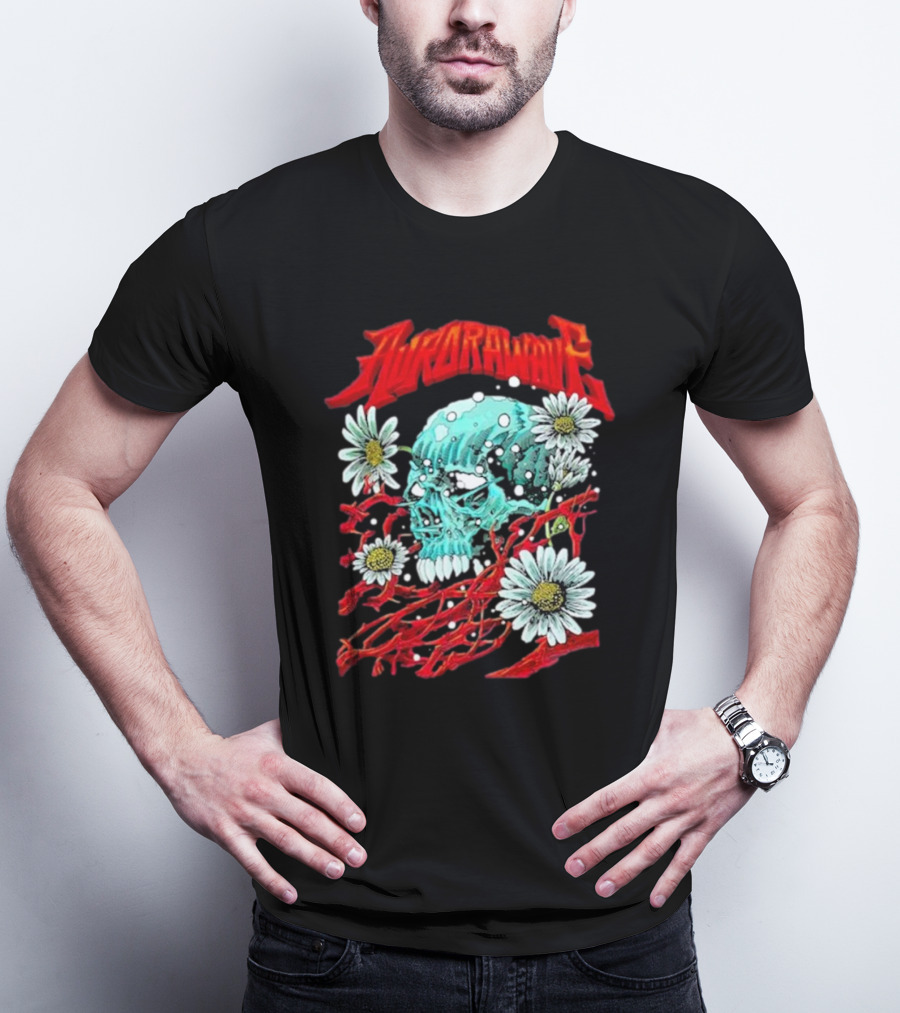 Aurorawave Blooming Skull With Daisies And Red Branches T-Shirt