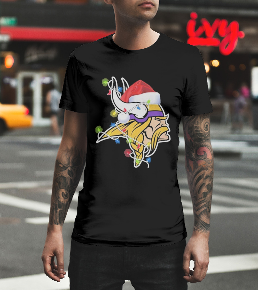 Minnesota Vikings Merry Christmas 2D Santa Hat Lights T-Shirt