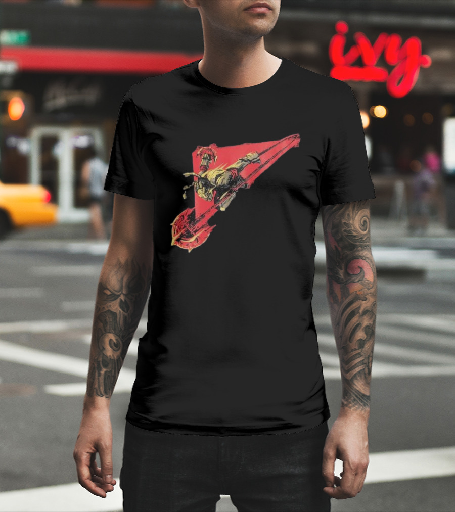 Arcane Ambessa Warrior Riding Battle Axe On Red Triangular Path T-Shirt