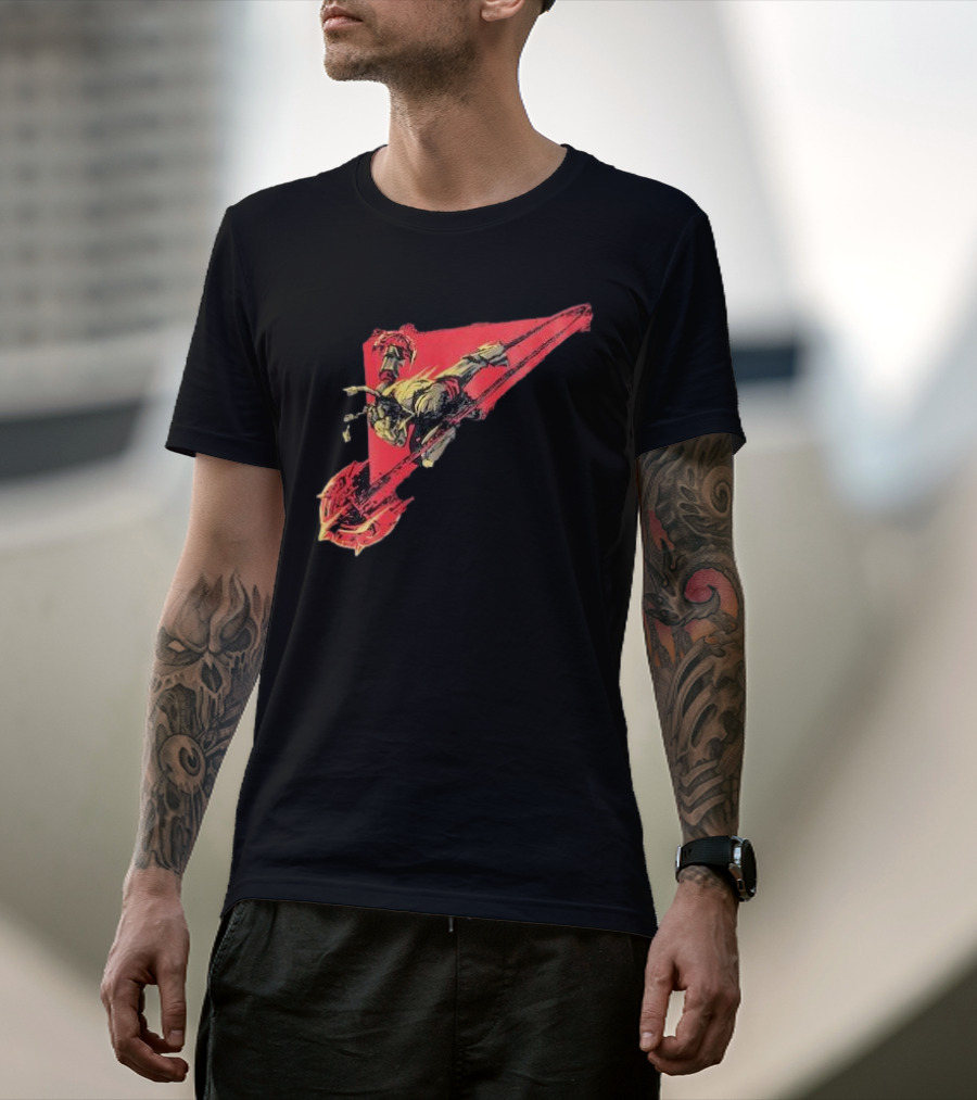 Arcane Ambessa Warrior Riding Battle Axe On Red Triangular Path T-Shirt