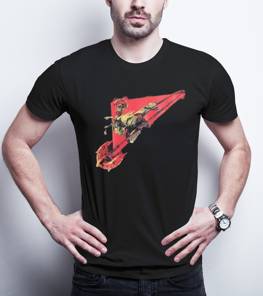Arcane Ambessa Warrior Riding Battle Axe On Red Triangular Path T-Shirt