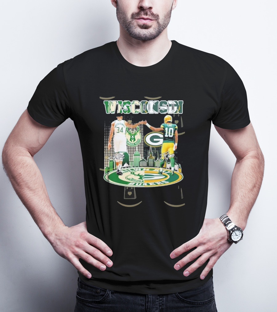 Wisconsin Milwaukee Bucks Green Bay Packers Iconic Duo Signature T-Shirt