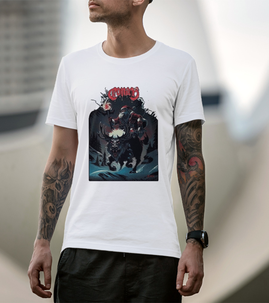 Conan Merry Chrushmas Santa Riding Mythical Beast Torch Dark Forest Scene T-Shirt