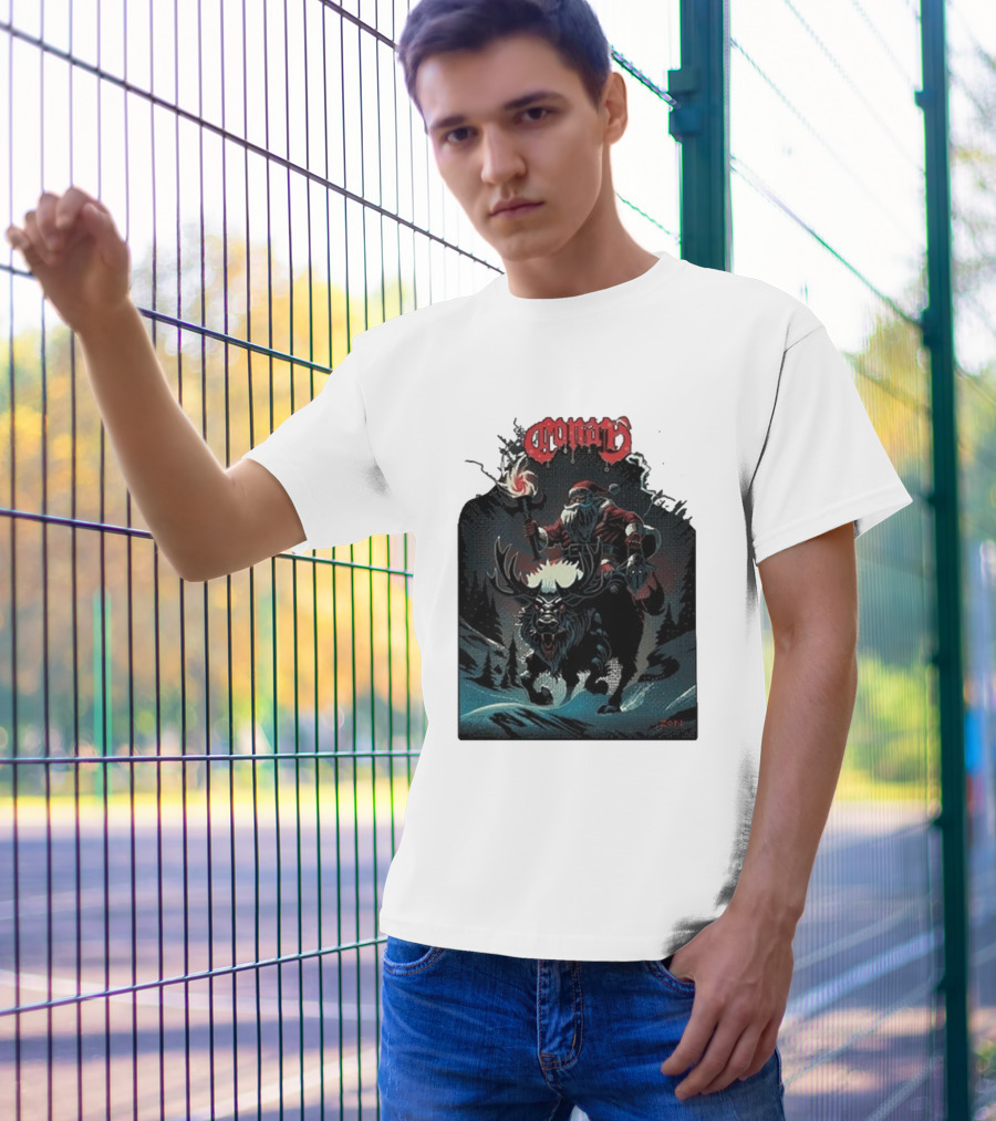 Conan Merry Chrushmas Santa Riding Mythical Beast Torch Dark Forest Scene T-Shirt
