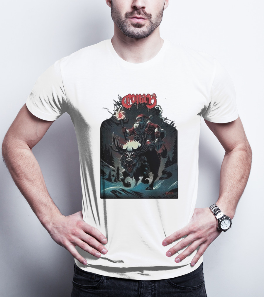 Conan Merry Chrushmas Santa Riding Mythical Beast Torch Dark Forest Scene T-Shirt
