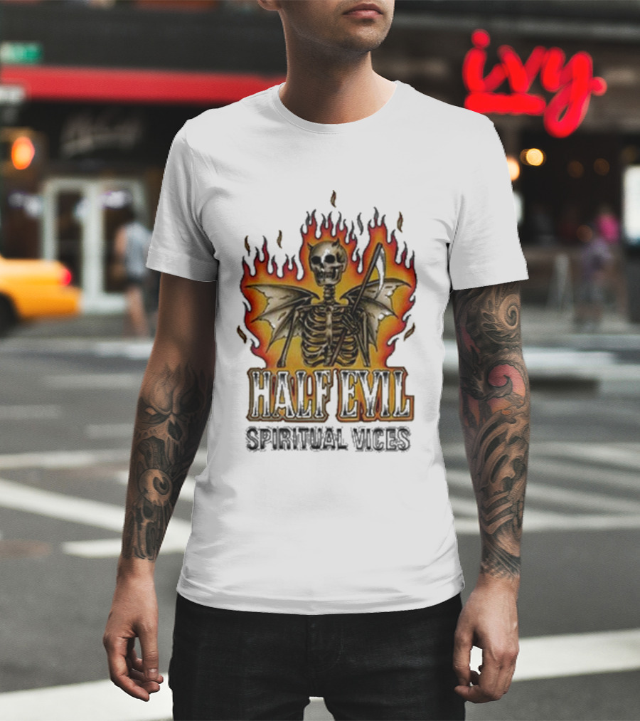 Half Evil Spiritual Vices Flaming Winged Skeleton T-Shirt