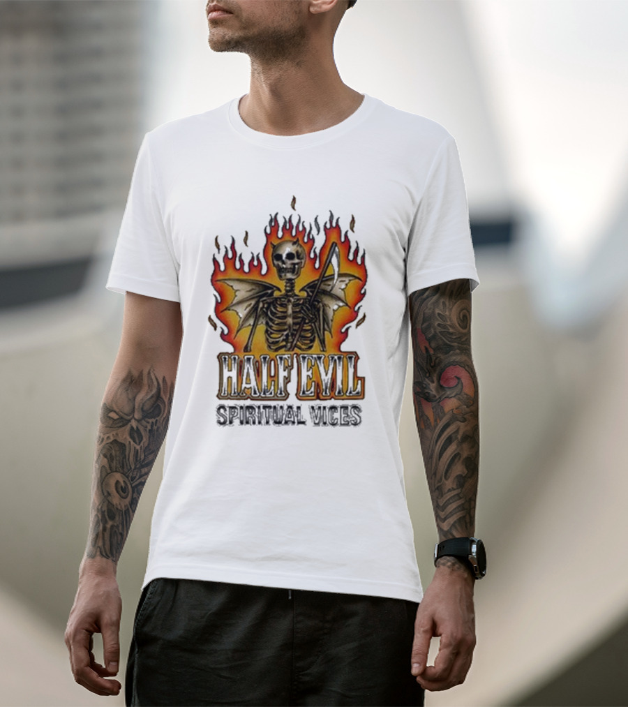 Half Evil Spiritual Vices Flaming Winged Skeleton T-Shirt
