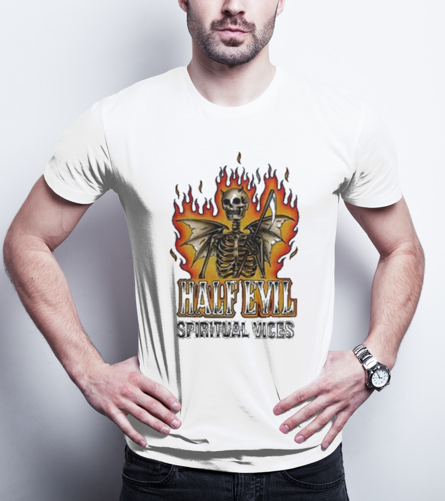 Half Evil Spiritual Vices Flaming Winged Skeleton T-Shirt