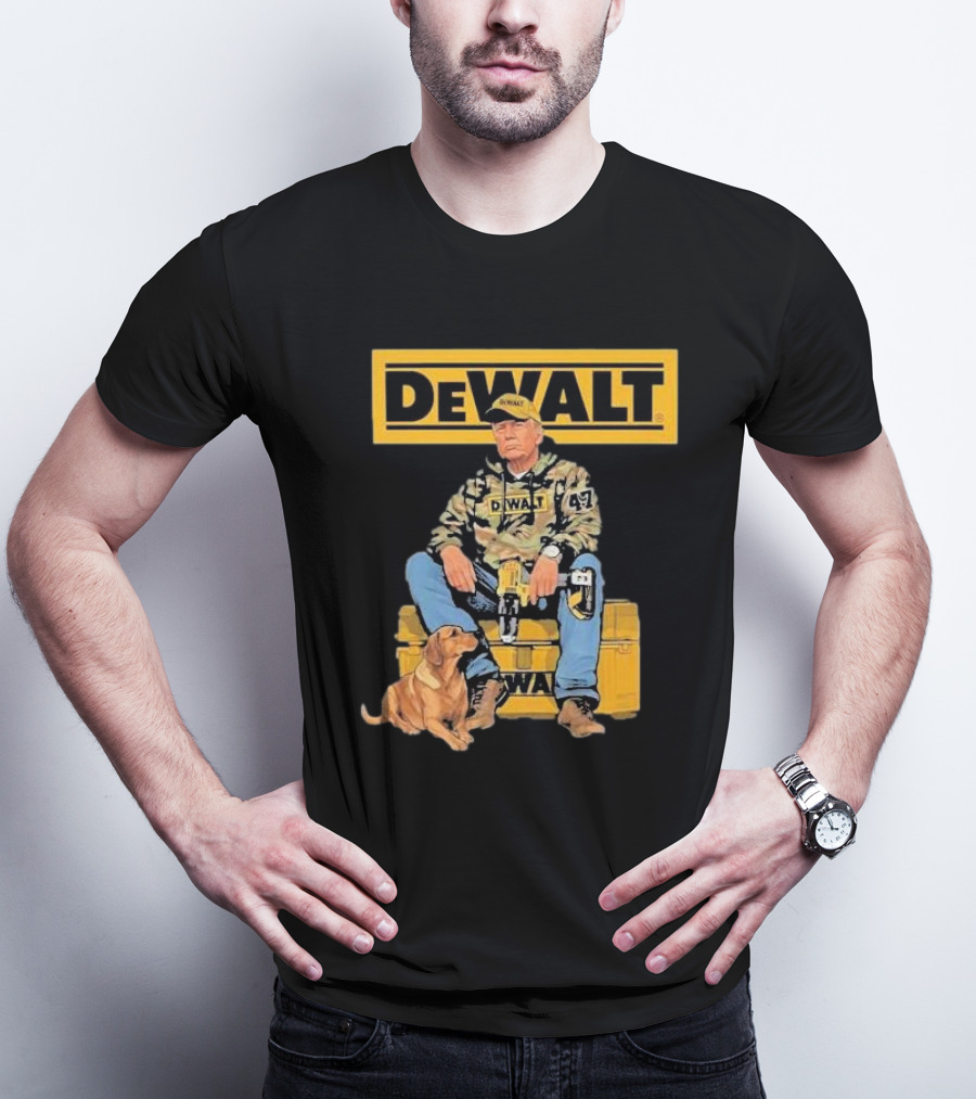DEWALT Toolbox Camouflage Jacket 47 Sitting On Toolbox With Dog T-Shirt