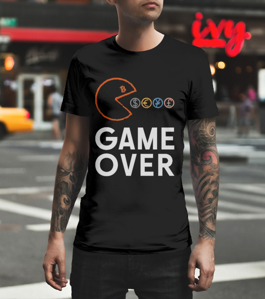 Game Over Bitcoin Pac-Man Eats Dollar Euro Yen Pound T-Shirt