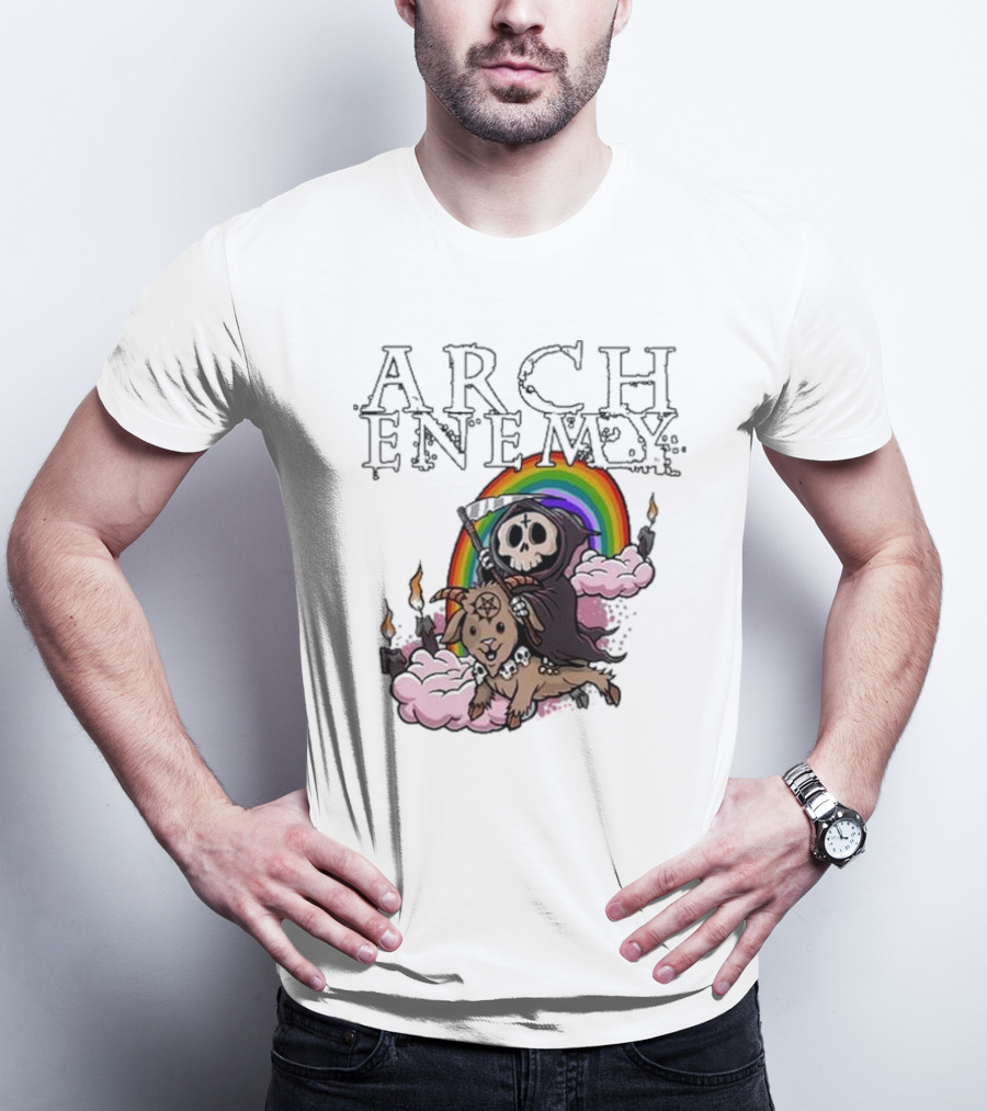 Arch Enemy Rainbow Reaper On Goat With Candles And Clouds T-Shirt