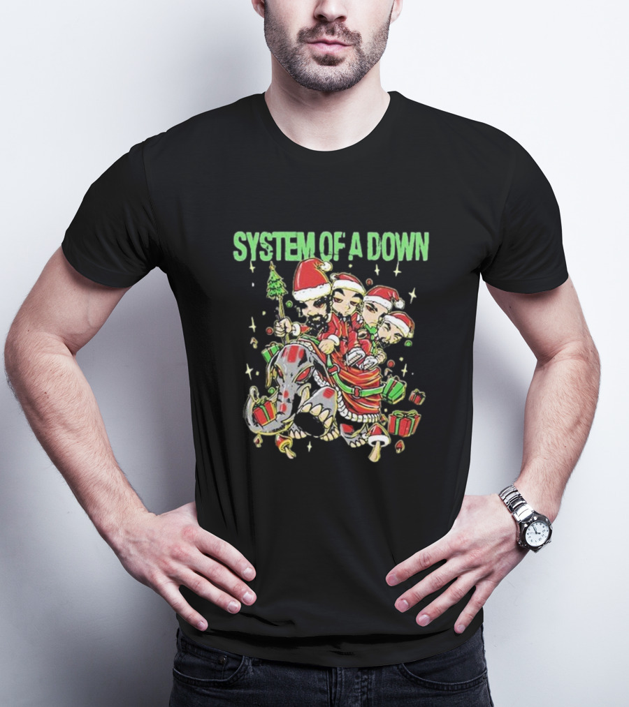 System Of A Down Holiday Mushroom People Riding Elephant With Gifts T-Shirt