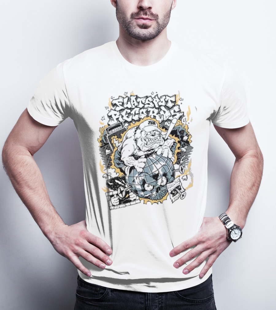 Flatspot Records Bulldog Globe Graffiti Style White T-Shirt