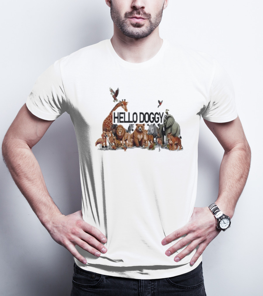 Hello Doggy Wildlife Animal Gathering With Giraffe Elephant Tiger And More T-Shirt