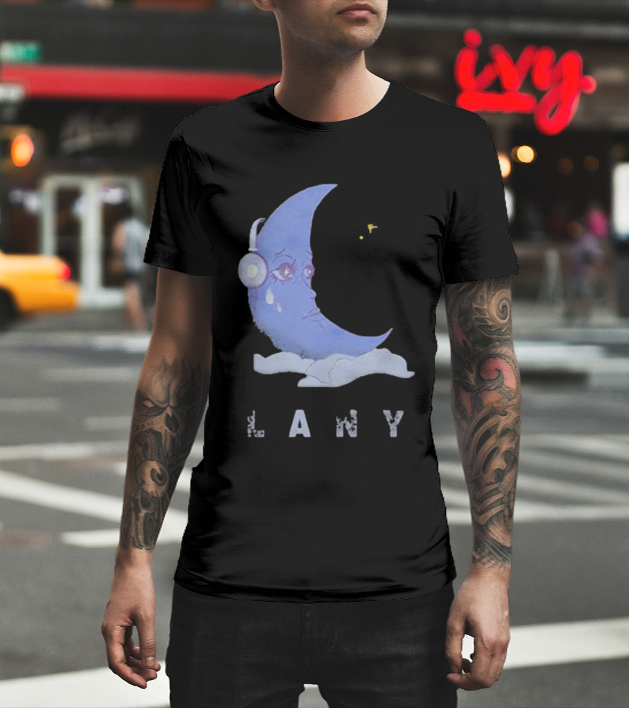 Lany Moon Crying Blue Crescent With Headphones And Clouds T-Shirt