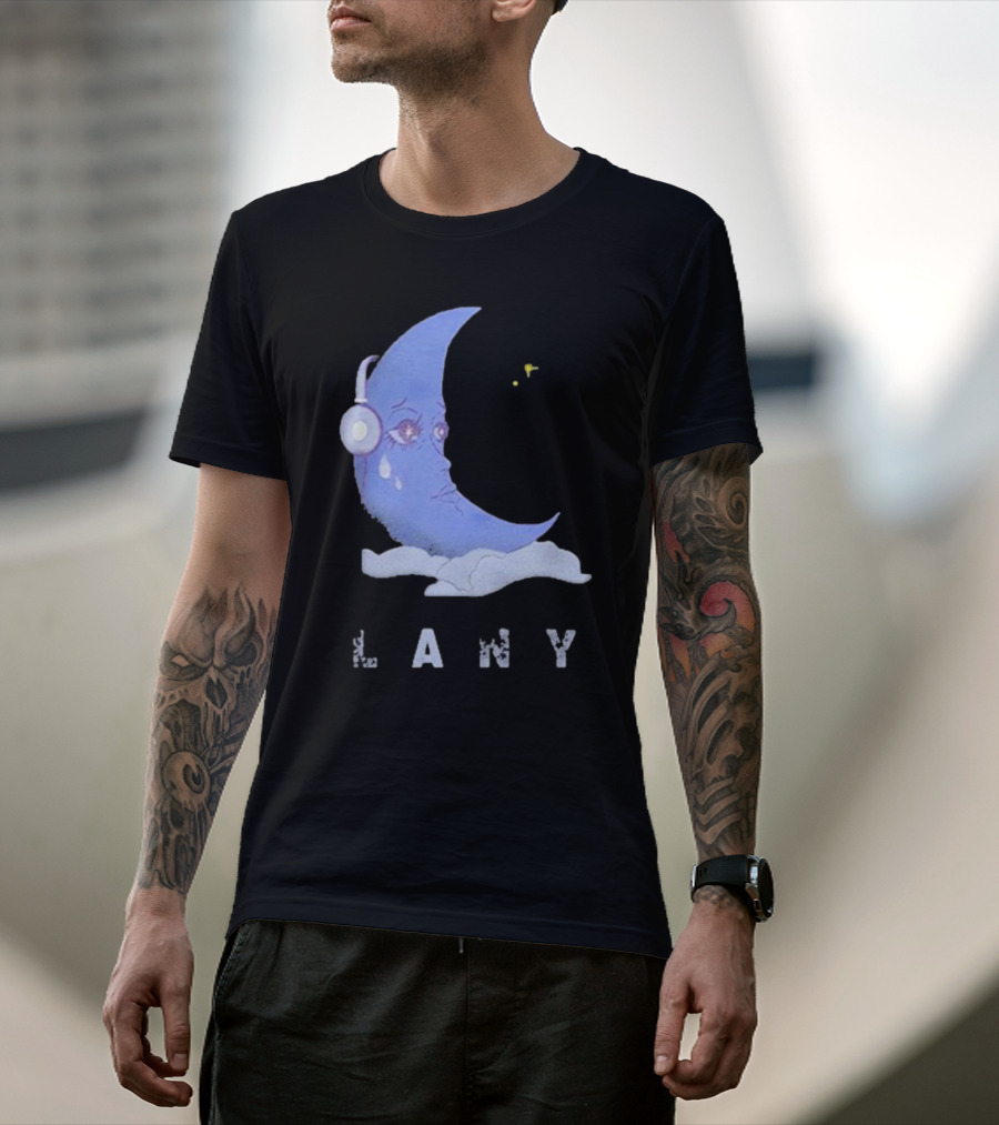 Lany Moon Crying Blue Crescent With Headphones And Clouds T-Shirt