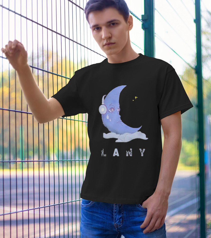 Lany Moon Crying Blue Crescent With Headphones And Clouds T-Shirt