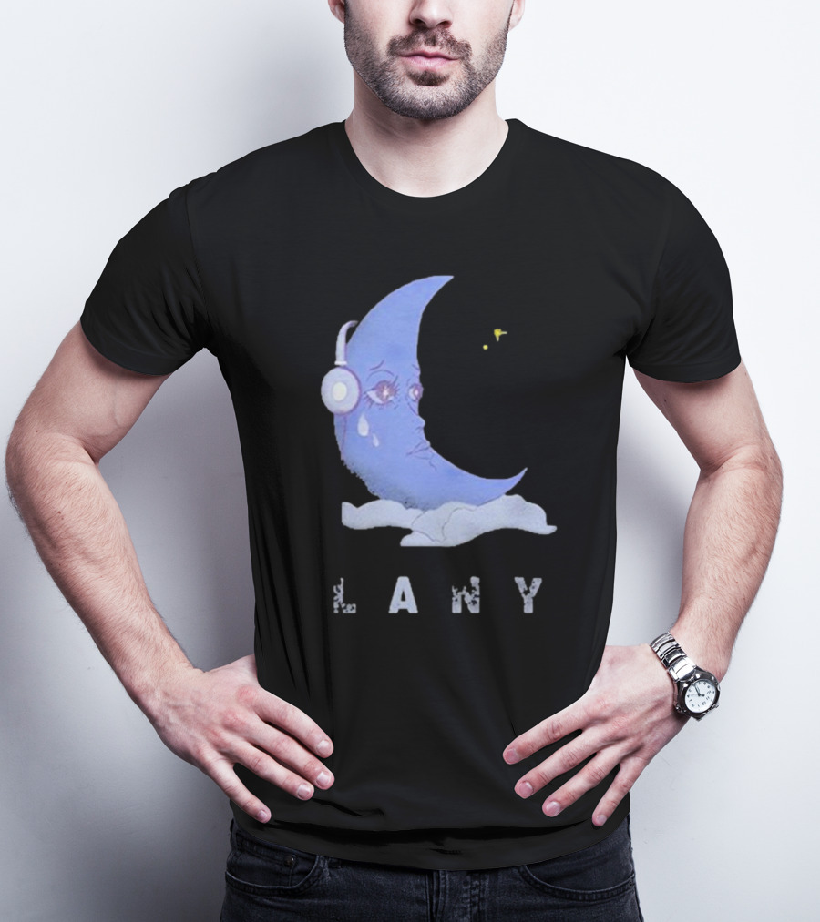 Lany Moon Crying Blue Crescent With Headphones And Clouds T-Shirt