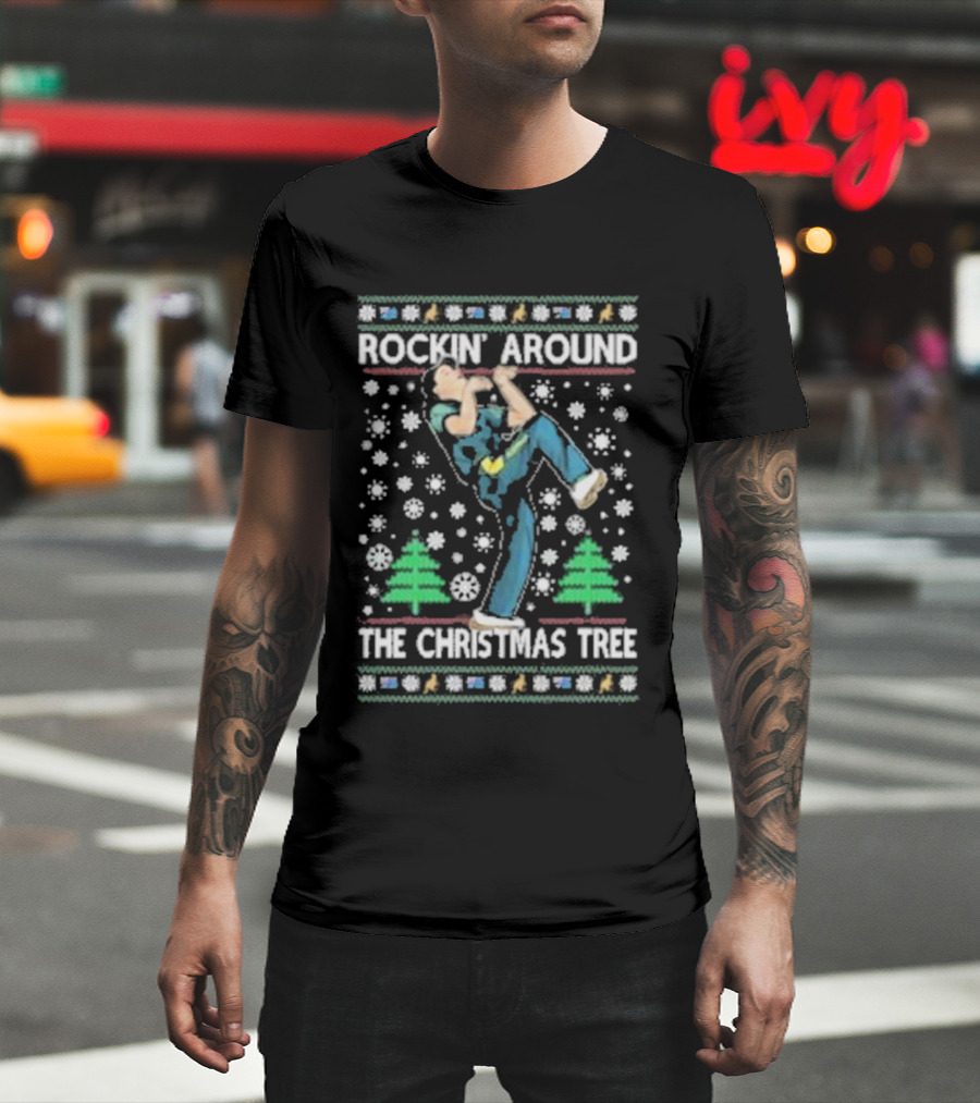 Rockin' Around The Christmas Tree Ugly Christmas Sweater With Dancing Figure And Snowflakes T-Shirt