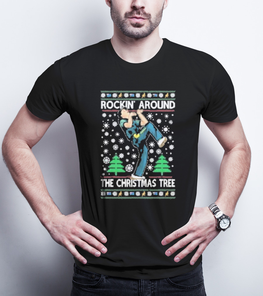 Rockin' Around The Christmas Tree Ugly Christmas Sweater With Dancing Figure And Snowflakes T-Shirt