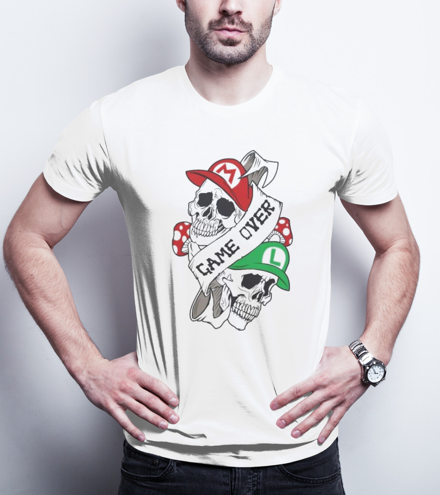 Game Over Skull M L Gaming Mushroom T-Shirt