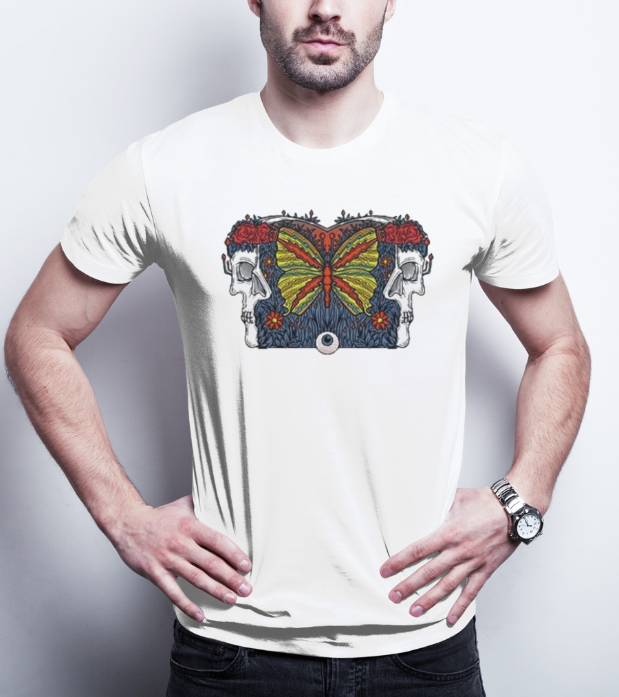 This Old Engine Two Worlds Skull And Butterfly Symmetry With Roses And Floral Elements T-Shirt