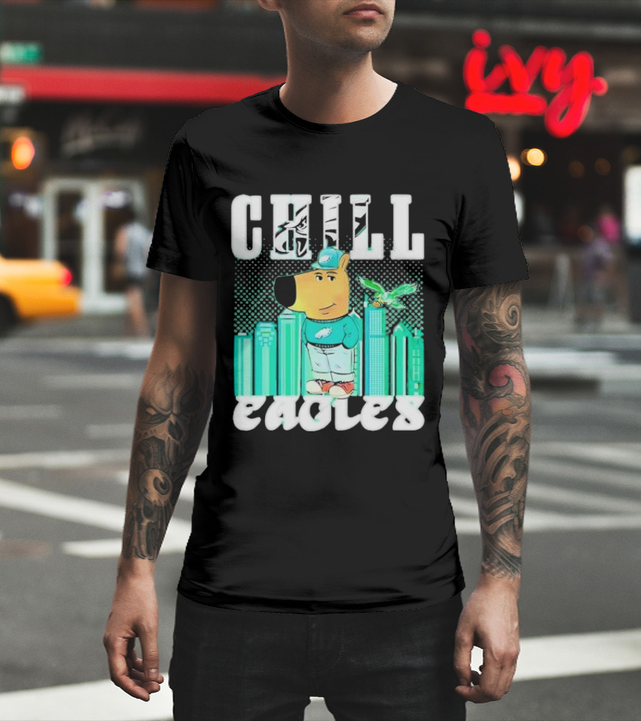 Philadelphia Eagles Chill Character With City Skyline And Cartoon Bird T-Shirt