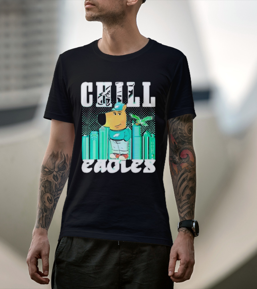 Philadelphia Eagles Chill Character With City Skyline And Cartoon Bird T-Shirt