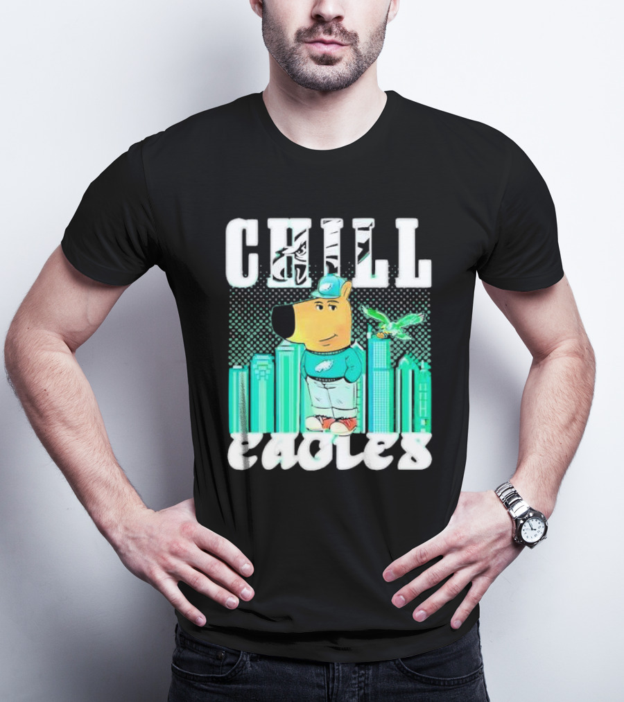 Philadelphia Eagles Chill Character With City Skyline And Cartoon Bird T-Shirt