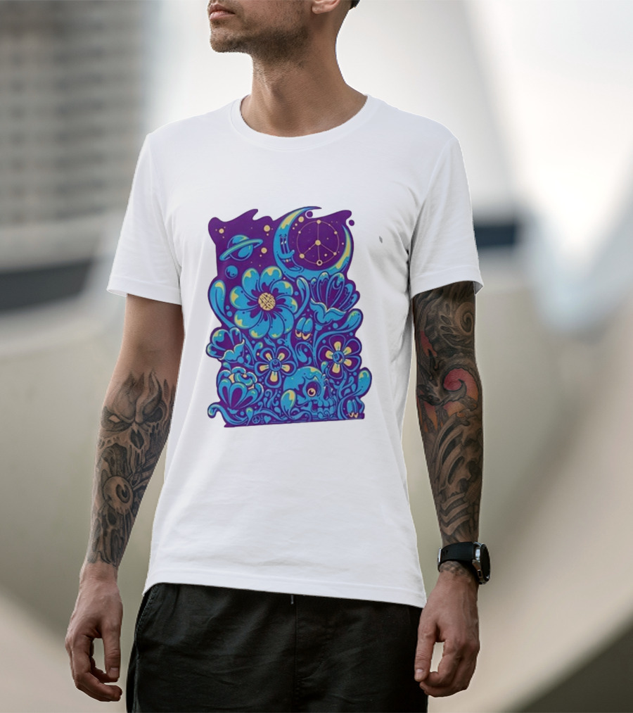 Zazz Corp White Cosmic Floral Planets Constellation T-Shirt