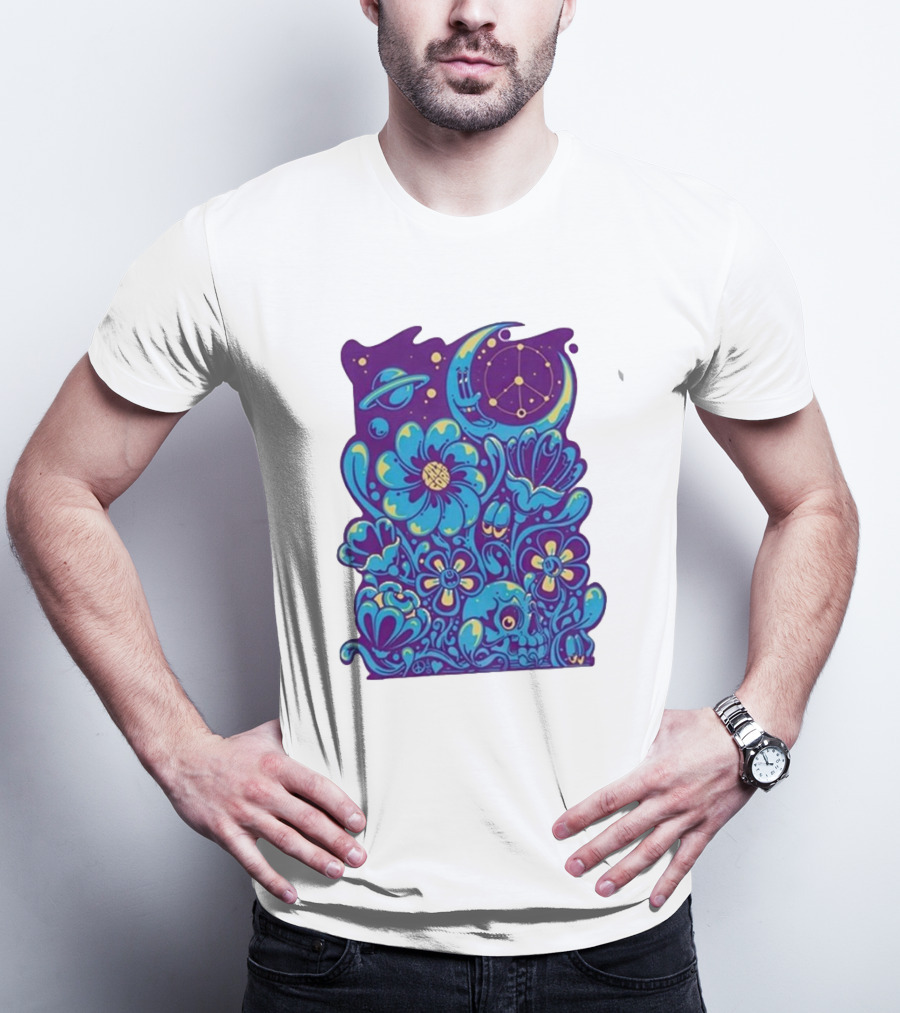 Zazz Corp White Cosmic Floral Planets Constellation T-Shirt