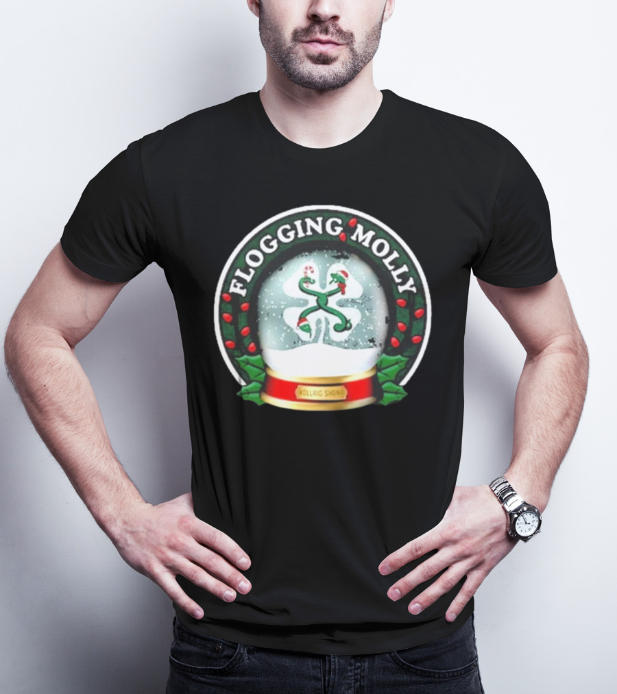 Flogging Molly Nollaig Shona Snow Globe With Holly Red Green White T-Shirt