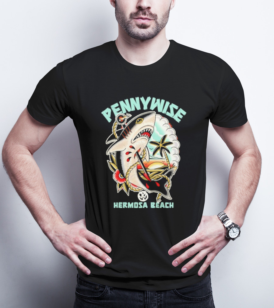 Pennywise Shark Hermosa Beach Sunset Palm Tattoo T-Shirt