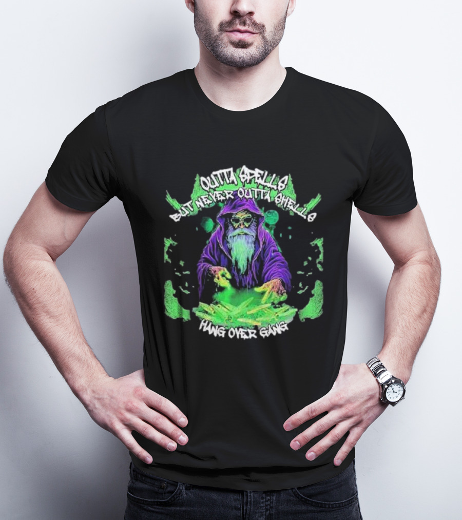Outta Spells But Never Outta Shells Hang Over Gang Wizard With Glowing Green Magic T-Shirt