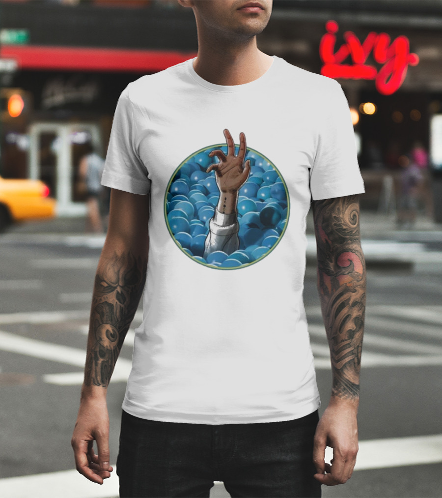 Hand Reaching Out Of Blue Ballpit Sphere T-Shirt