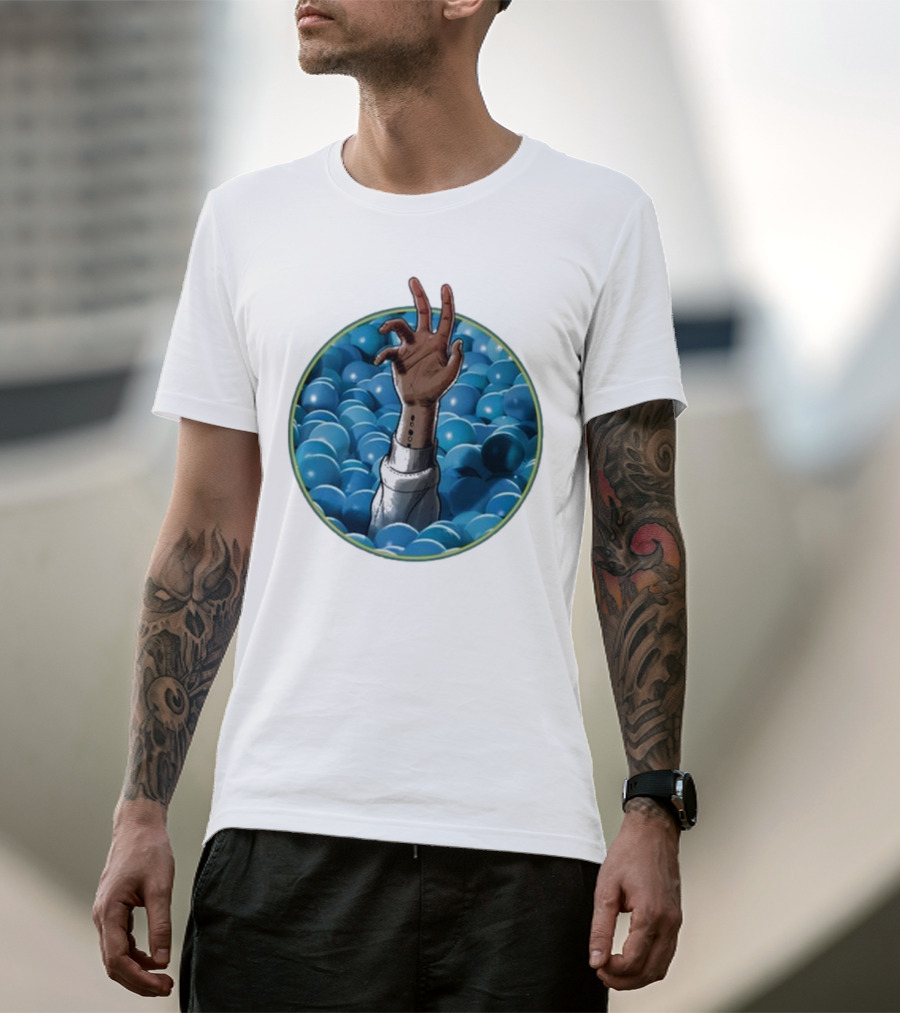 Hand Reaching Out Of Blue Ballpit Sphere T-Shirt