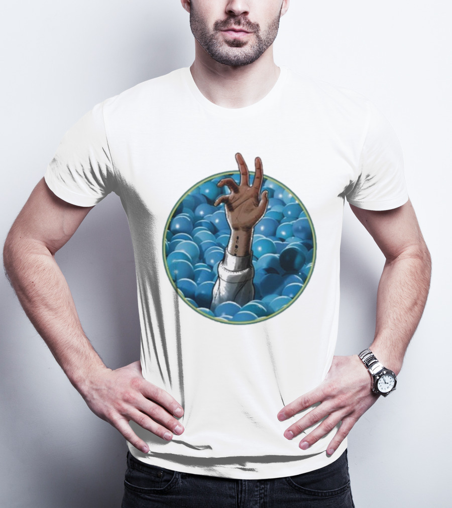 Hand Reaching Out Of Blue Ballpit Sphere T-Shirt