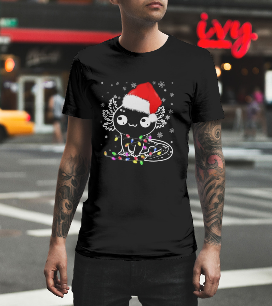 Santa Hat Axolotl Wrapped In Colorful Christmas Lights And Falling Snowflakes T-Shirt