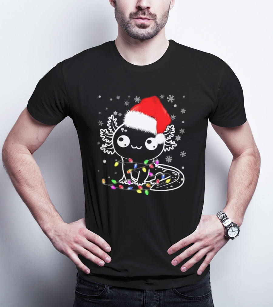 Santa Hat Axolotl Wrapped In Colorful Christmas Lights And Falling Snowflakes T-Shirt