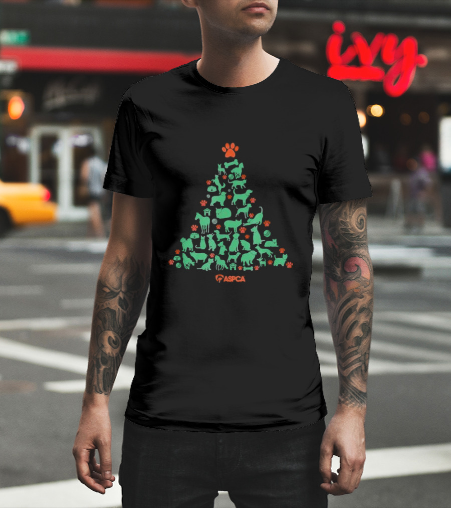 ASPCA Christmas Tree Made Of Animal Silhouettes And Paw Prints T-Shirt