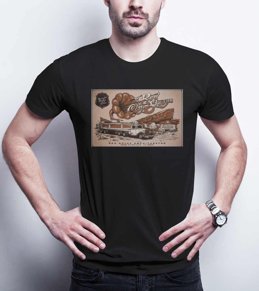 The Red Clay Strays Live At Red Rocks Amphitheatre Morrison CO Sep 14 2025 Vintage Truck And Scenic Rock Formation T-Shirt