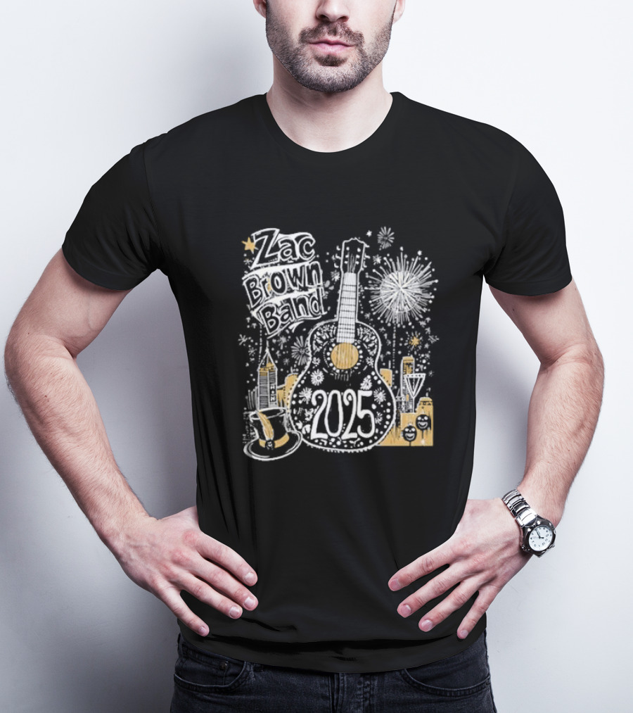 Zac Brown Band 2025 New Year's Eve Fireworks Guitar Atlanta Skyline T-Shirt