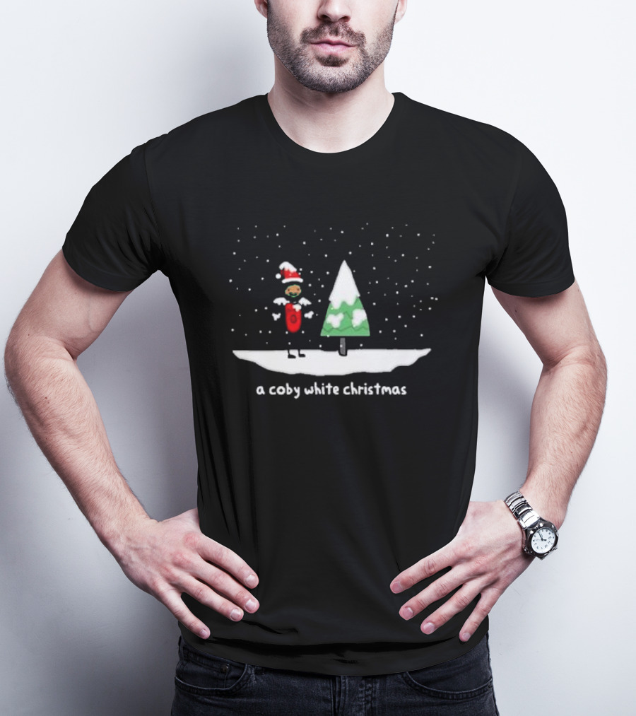 A Coby White Christmas Snowy Cartoon Scene With Santa Hat And Tree T-Shirt