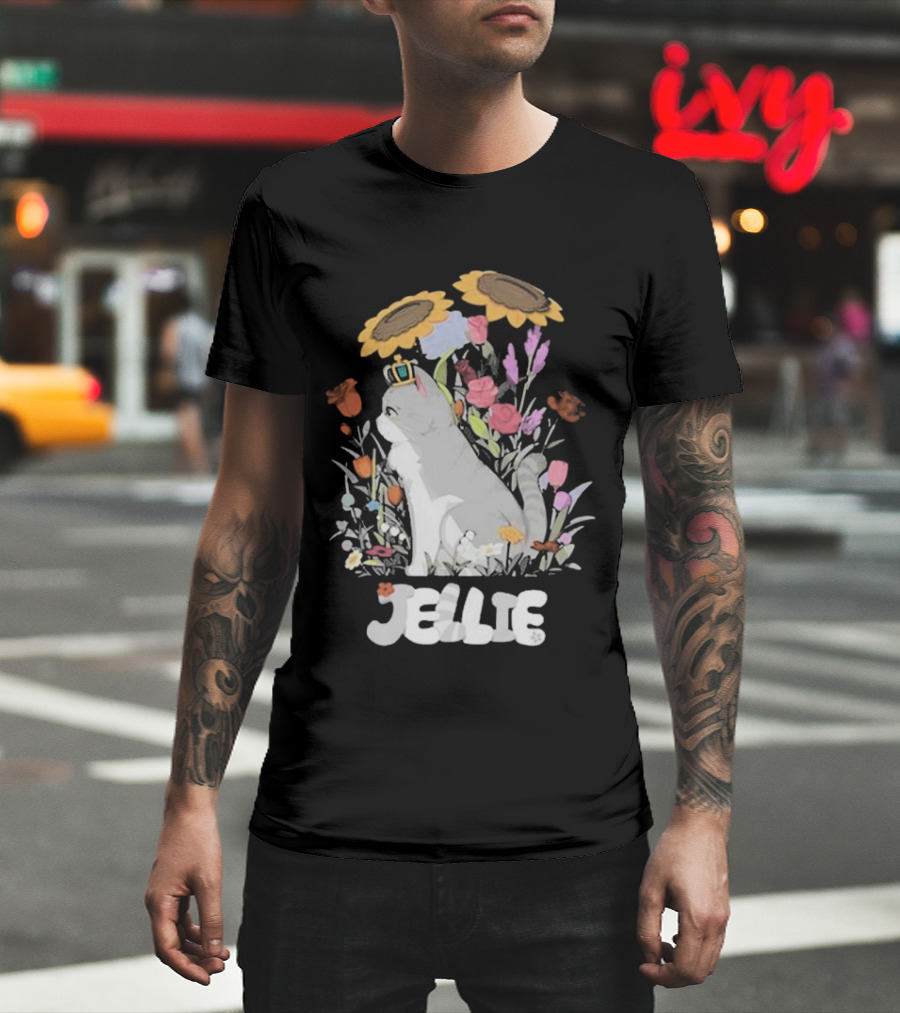 Goodtimeswithscar Jellie Cat In Floral Crown Garden With Sunflowers T-Shirt