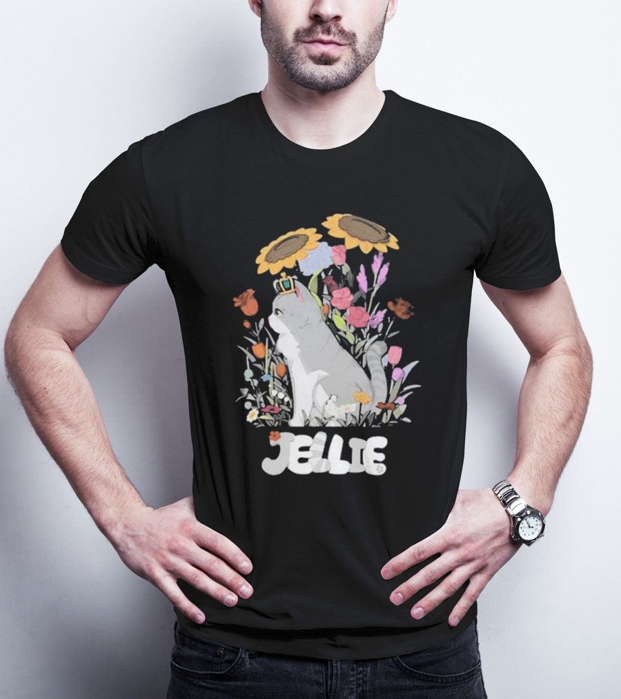 Goodtimeswithscar Jellie Cat In Floral Crown Garden With Sunflowers T-Shirt